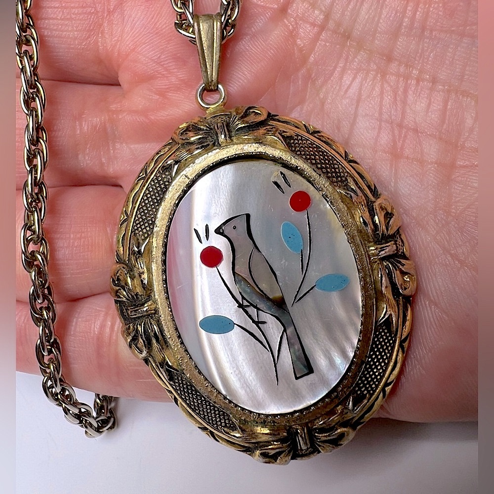 1940's Vintage Bird Inlay W/ Turquoise, Coral & Mothe… - Gem